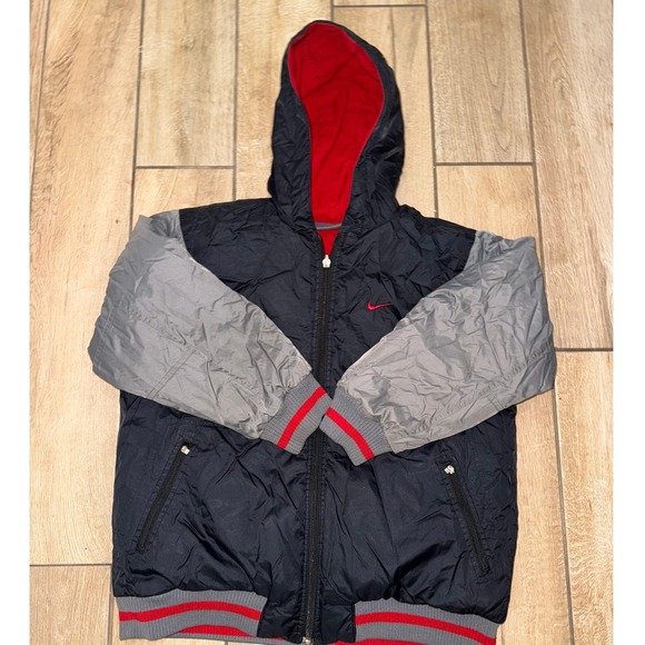 Nike | Jackets & Coats | Nike Reversible Puffer Jacket Kids Black Red Grey Hooded Full Zip Warm ...